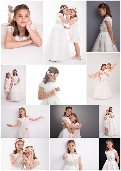 Sesion de fotos de niña con el traje de primera comunion en el estudio