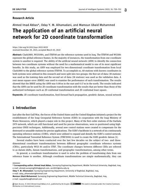 pdf the application of an artificial neural network for 2d coordinate transformation
