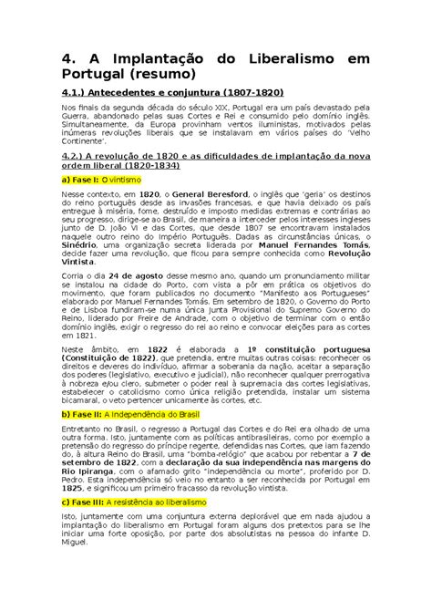 4 A Implantação do Liberalismo em Portugal História A 4 A