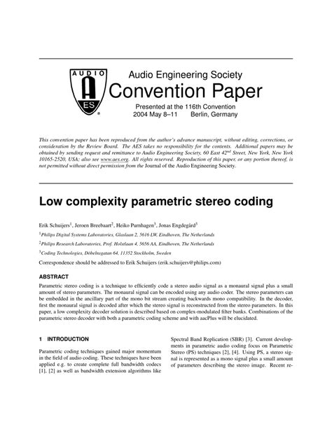 pdf low complexity parametric stereo coding