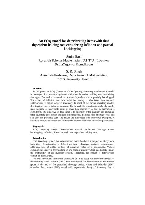 pdf an eoq model for deteriorating items with time dependent holding cost considering
