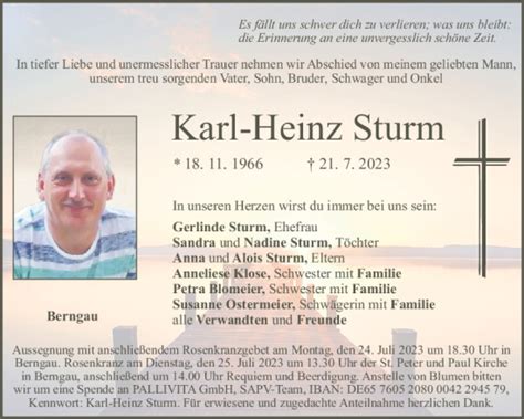 Traueranzeigen Von Karl Heinz Sturm Mittelbayerische Trauer