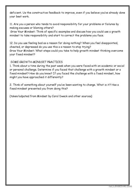 Growth Vs Fixed Mindset Discussion English Esl Worksheets Pdf Doc