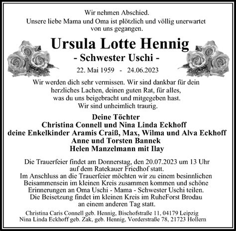 Traueranzeigen Von Ursula Lotte Hennig Trauer Anzeigen De