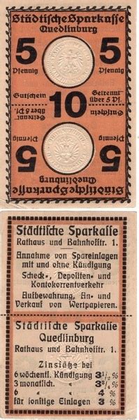 10 Pfennig Städtische Sparkasse Ville de Quedlinburg Numista