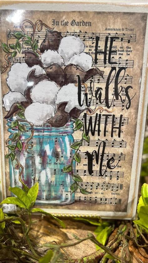 He Walks With Me In The Garden Cotton Mason Jar Hymn Board Sign