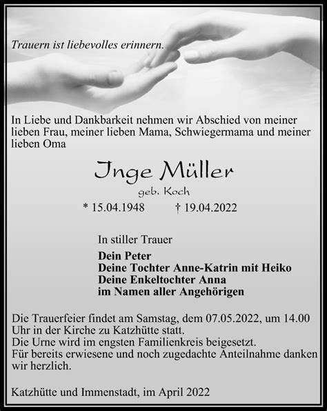 Traueranzeigen von Inge Müller trauer in thueringen de