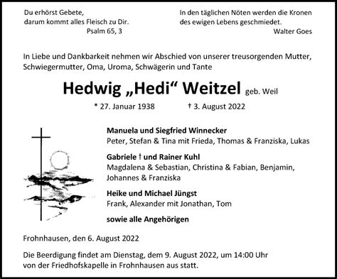 Traueranzeigen Von Hedwig Weitzel Vrm Trauer De