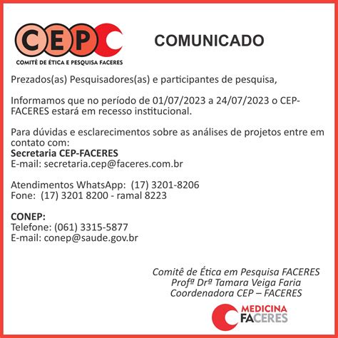 Comunicado recesso institucional CEP Comitê de Ética em Pesquisa