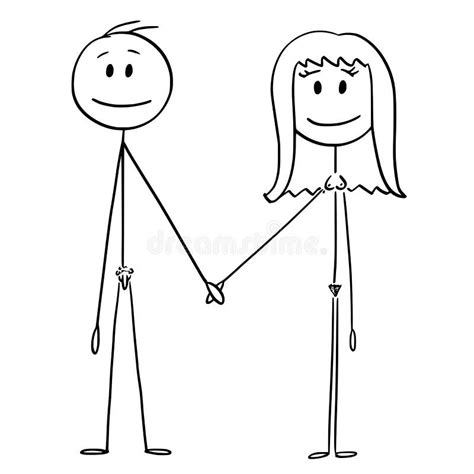 Cartoon Of Front Of Naked Or Nude Stick Figure Man And Woman Standing