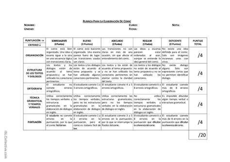 Rúbrica para Evaluar Cómic Español ELE hojas de trabajo pdf doc