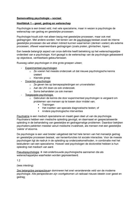 Samenvatting Psychologie 1 Psychologie Houdt Zich Niet Alleen Bezig