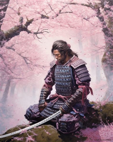 Samurai In Contemplation Japanese Warrior Cherry Blossom Trees AI Art