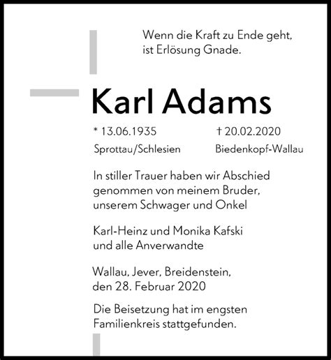 Traueranzeigen Von Karl Adams Vrm Trauer De