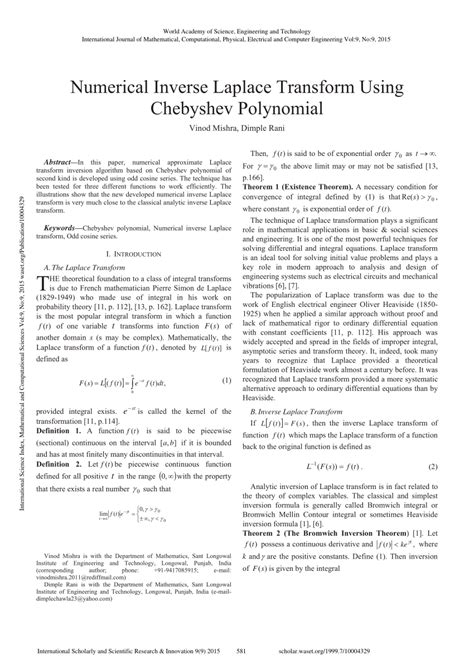 pdf numerical inverse laplace transform using chebyshev polynomial world academy of science