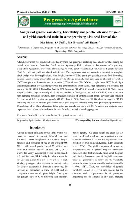 pdf analysis of genetic variability heritability and genetic advance for yield and yield