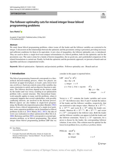 pdf the follower optimality cuts for mixed integer linear bilevel programming problems