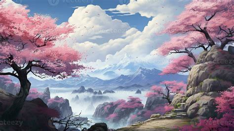 AI Generated Beautiful Fantasy Spring Nature Landscape And Cherry