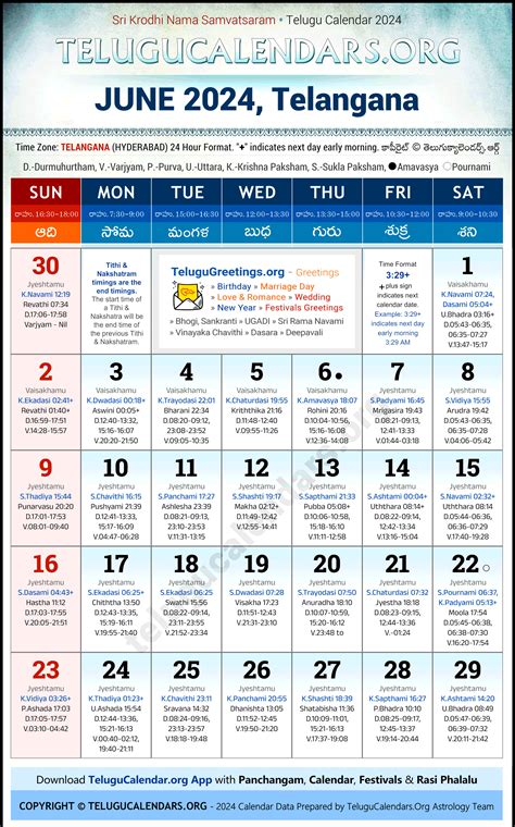 Telangana 2024 June Telugu Calendar Festivals Holidays In English PDF