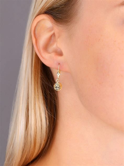 14k Yellow Gold Ball Earrings Dangling Diamond Cut Round Etsy