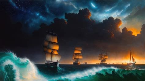 Una pintura de un barco navegando en el océano con un cielo nublado y