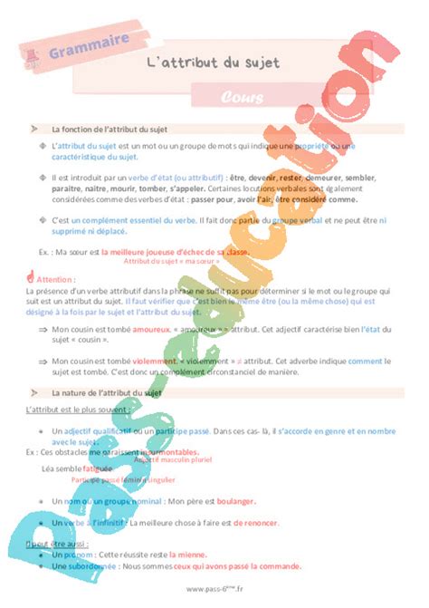 Lattribut Du Sujet Cours De Grammaire Pour La Me Pdf Imprimer