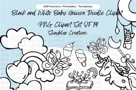 Unicorn Doodles Black And White Clipart Graphic By Blue Creations