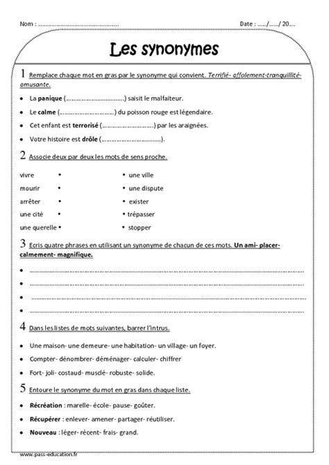 Synonymes Ce2 Exercices à imprimer Pass Education
