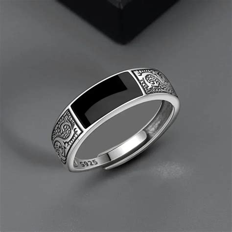 Anel De Prata Esterlina 925 Para Homens Padr O Retr Retangular Preto