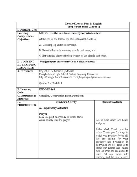 Detailed Lesson Plan For Simple Past Tense