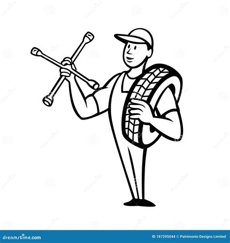 Tire Technician Or Tyre Mechanic With Socket Wrench Standing Cartoon