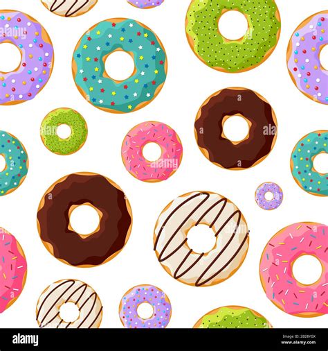 Colorful Glazed Sweet Donuts Seamless Pattern On White Background