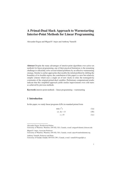 pdf a primal dual slack approach to warmstarting interior point methods for linear programming