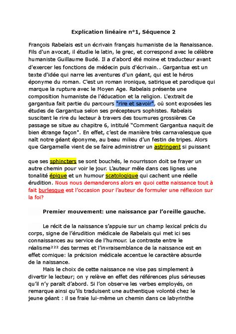 Explication linéaire Gargantua Explication linéaire n1 Séquence 2