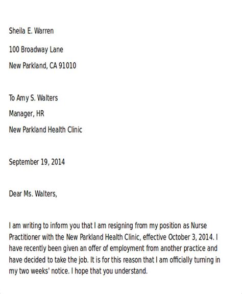 Letter Of Resignation Sample Nurse Practitioner Sample Resignation Letter
