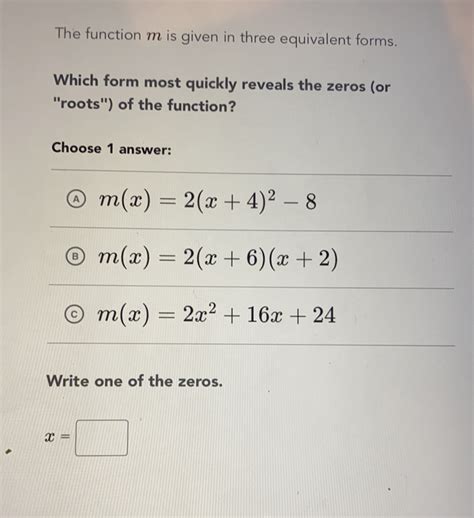 solved the function m is given in three equivalent forms which form most quickly reveals the