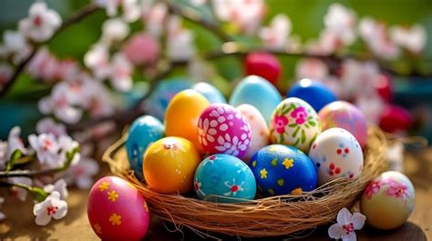 Ovos de páscoa coloridos em uma cesta de celebração de feriados