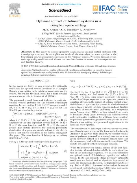 pdf optimal control of bilinear systems in a complex space setting