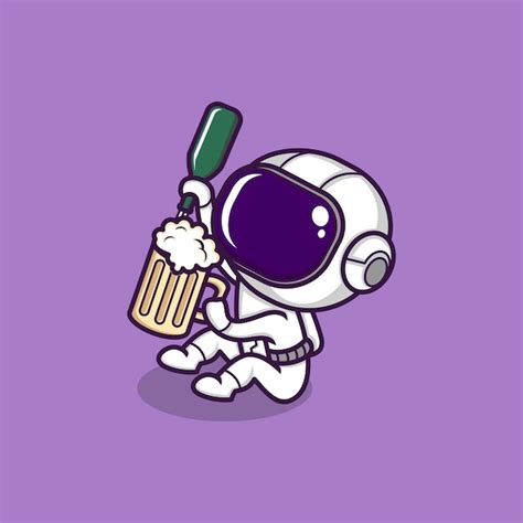 Lindo Astronauta De Dibujos Animados Con Cerveza Vector Premium