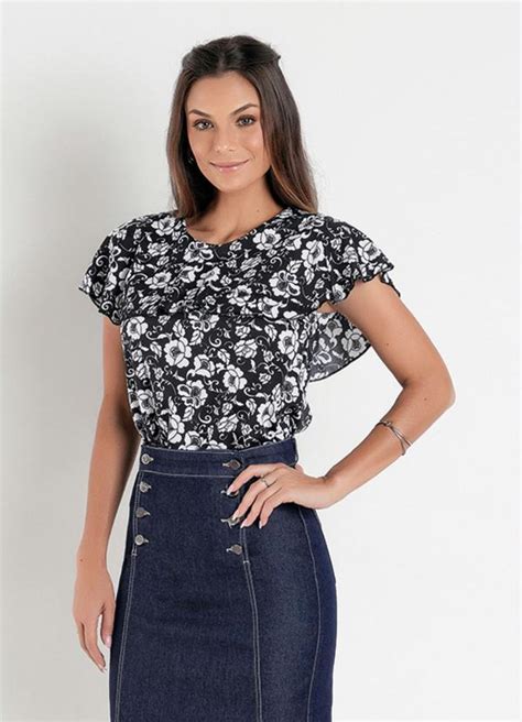 Blusa Floral Preta Babado Moda Evangélica Queima de Estoque