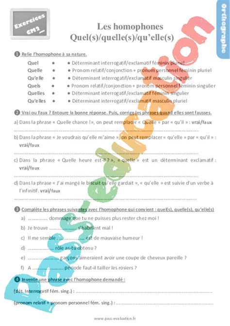 Evaluation avec le corrigé pour le CM2 Les homophones grammaticaux