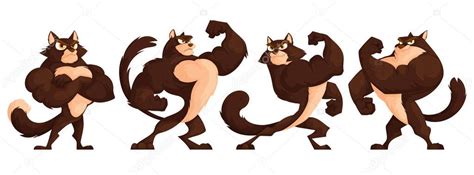 Conjunto De Cuatro Gatos Fuertes Y Musculosos Posando Un Gato Moreno