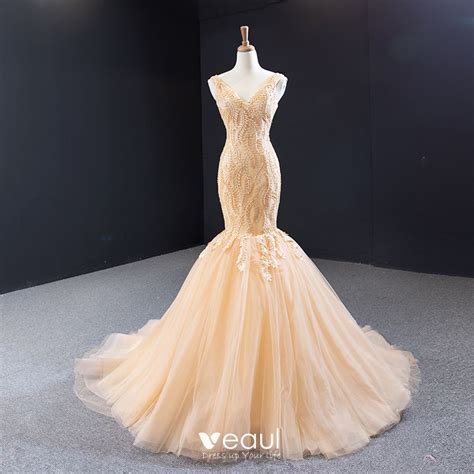 Meilleur Champagne Doré Robe De Mariée Trompette Sirène 2023 V Cou