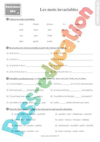 Evaluation Et Bilan Sur Les Mots Invariables Au Ce Avec Le Corrig