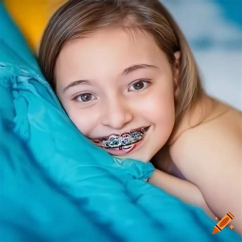 Happy Girl With Braces Smiling Brightly On Her Bed