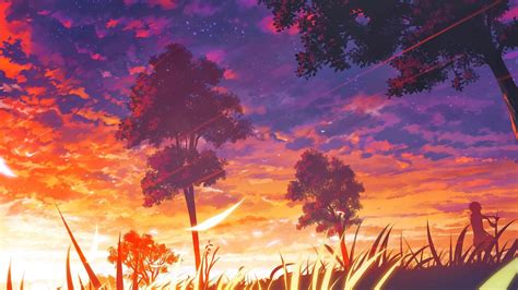 Papel de parede luz solar Árvores Pôr do sol Anime Meninas anime