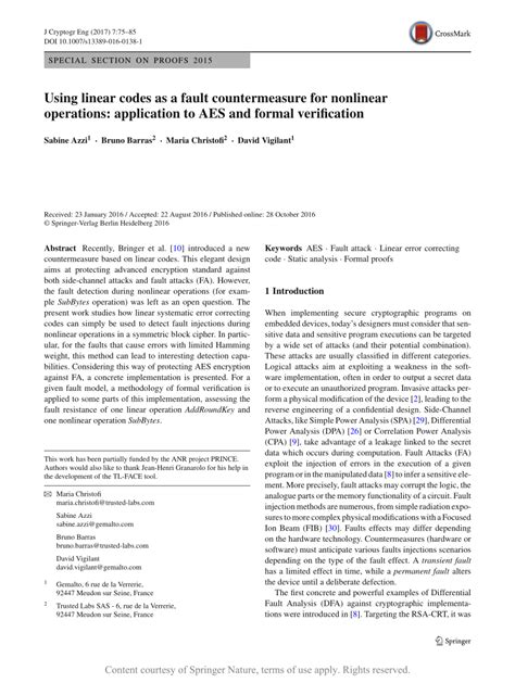 using linear codes as a fault countermeasure for nonlinear operations application to aes and