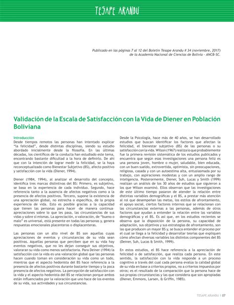 PDF Validación de la Escala de Satisfaccion con la Vida de Diener en