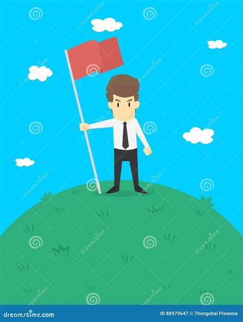 A Businessman Hold Flag On The Pinnacle Stock Vector Illustration Of