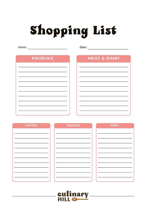 Shopping List Template Culinary Hill